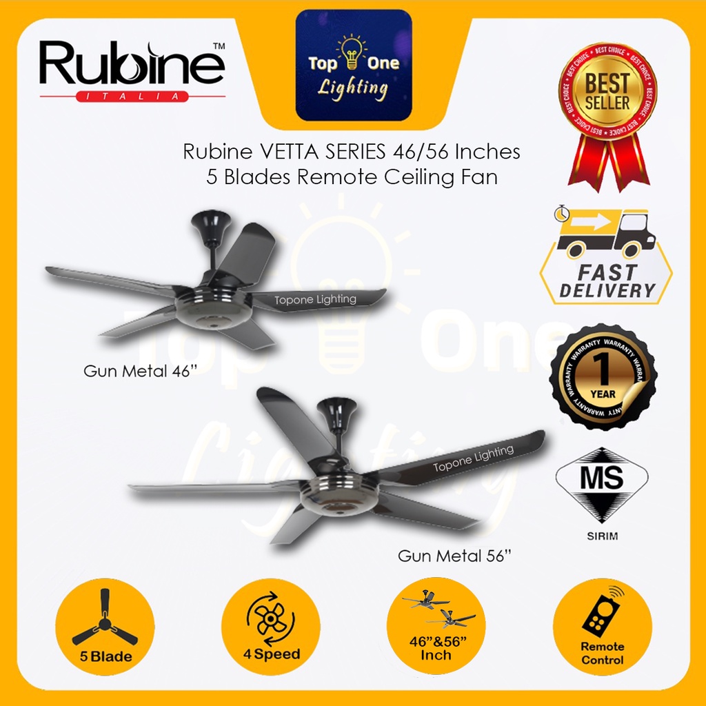 Rubine Vetta 46'' / Vetta 56'' 5 Blades 4 Speed Remote Control AC Motor Gun Metal Ceiling Fan ...