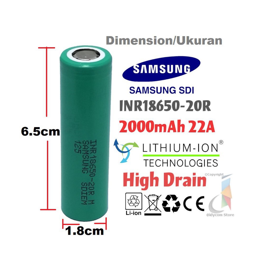 18650 Rechargeable Li Ion Battery Samsung INR 18650 20R 2000mAh 2.0Ah ...