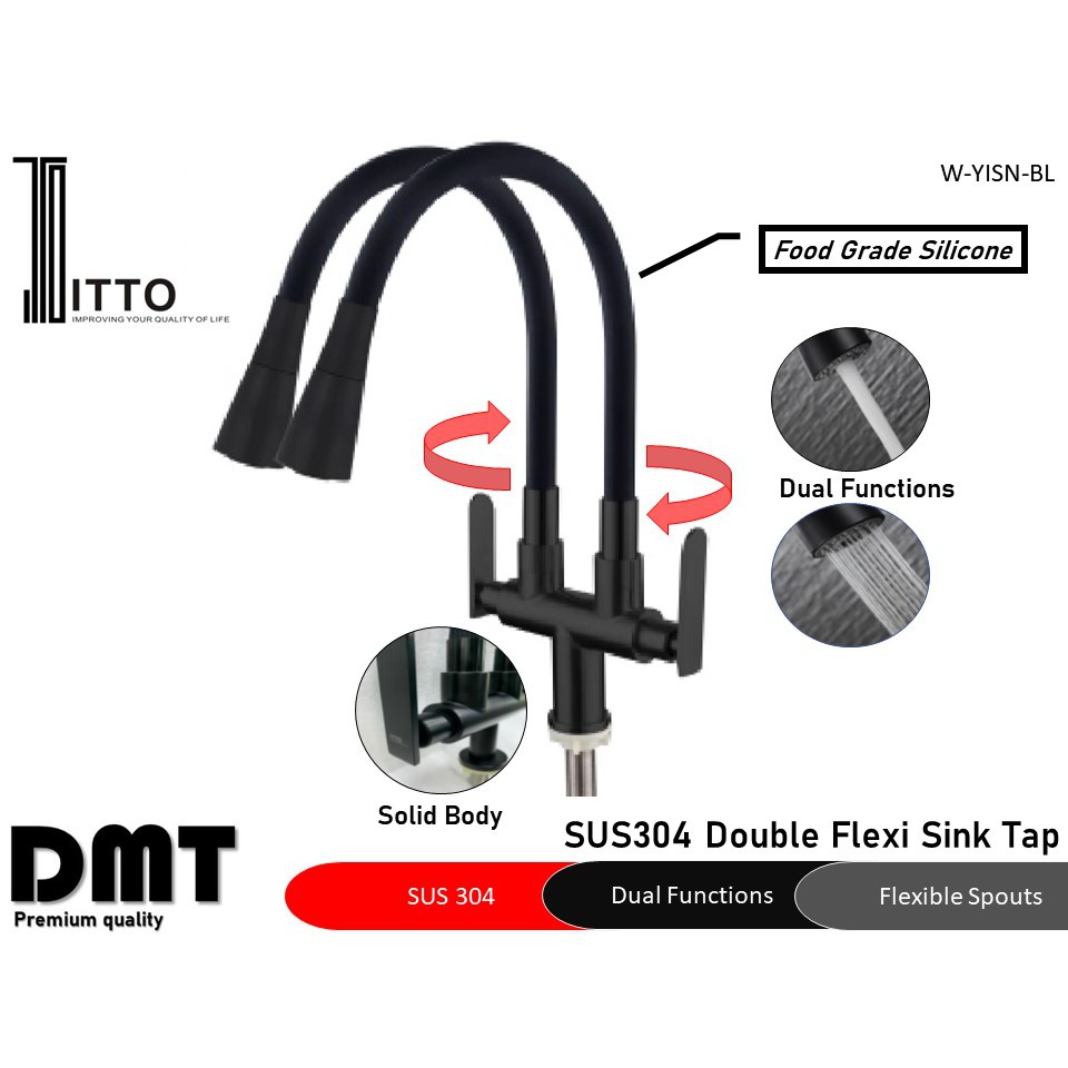 ITTO SUS304 Black Stainless Steel Kitchen Sink Tap, Double Flexible ...