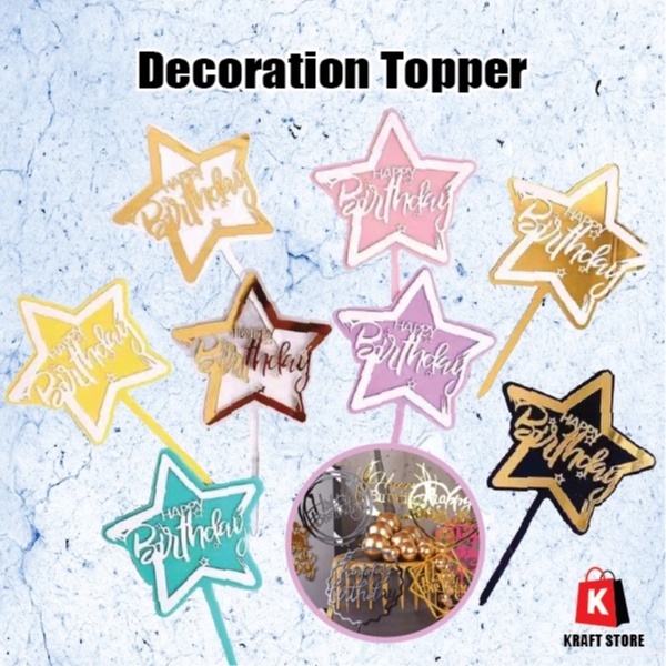 Happy Birthday Cake Decoration Acrylic Card Cake Topper Star Hiasan Kek ...