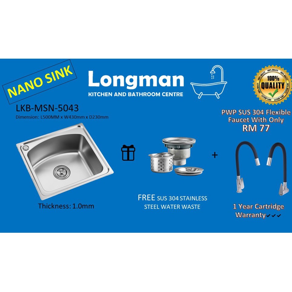 LONGMAN NANO Stainless Steel Kitchen Sink (Sinki) SINGLE Bowl Top/Under ...