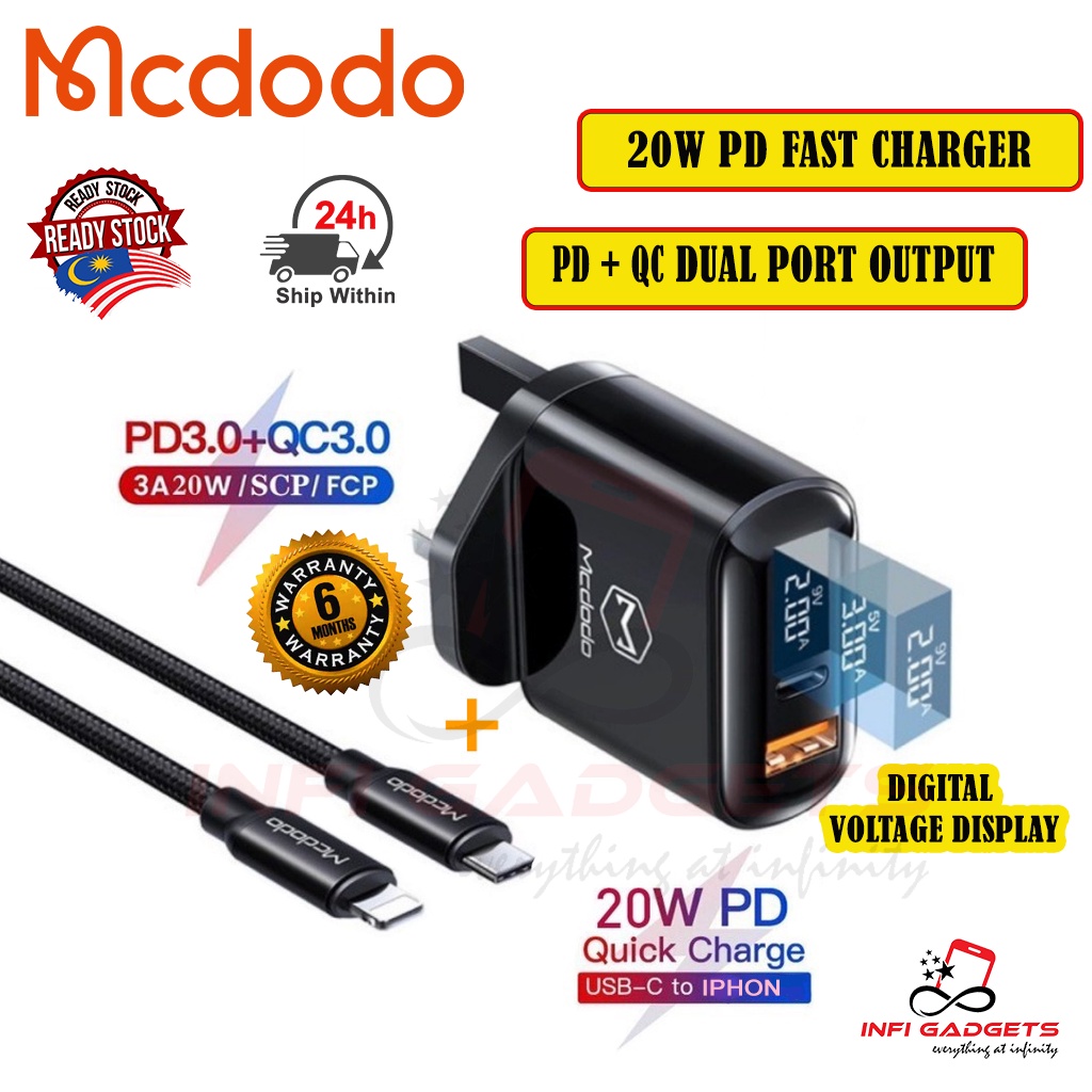 【1yr Warranty】Mcdodo 20W PD + QC3.0 Fast Wall Charger Power Adapter PD Type C to IP Compatible ...