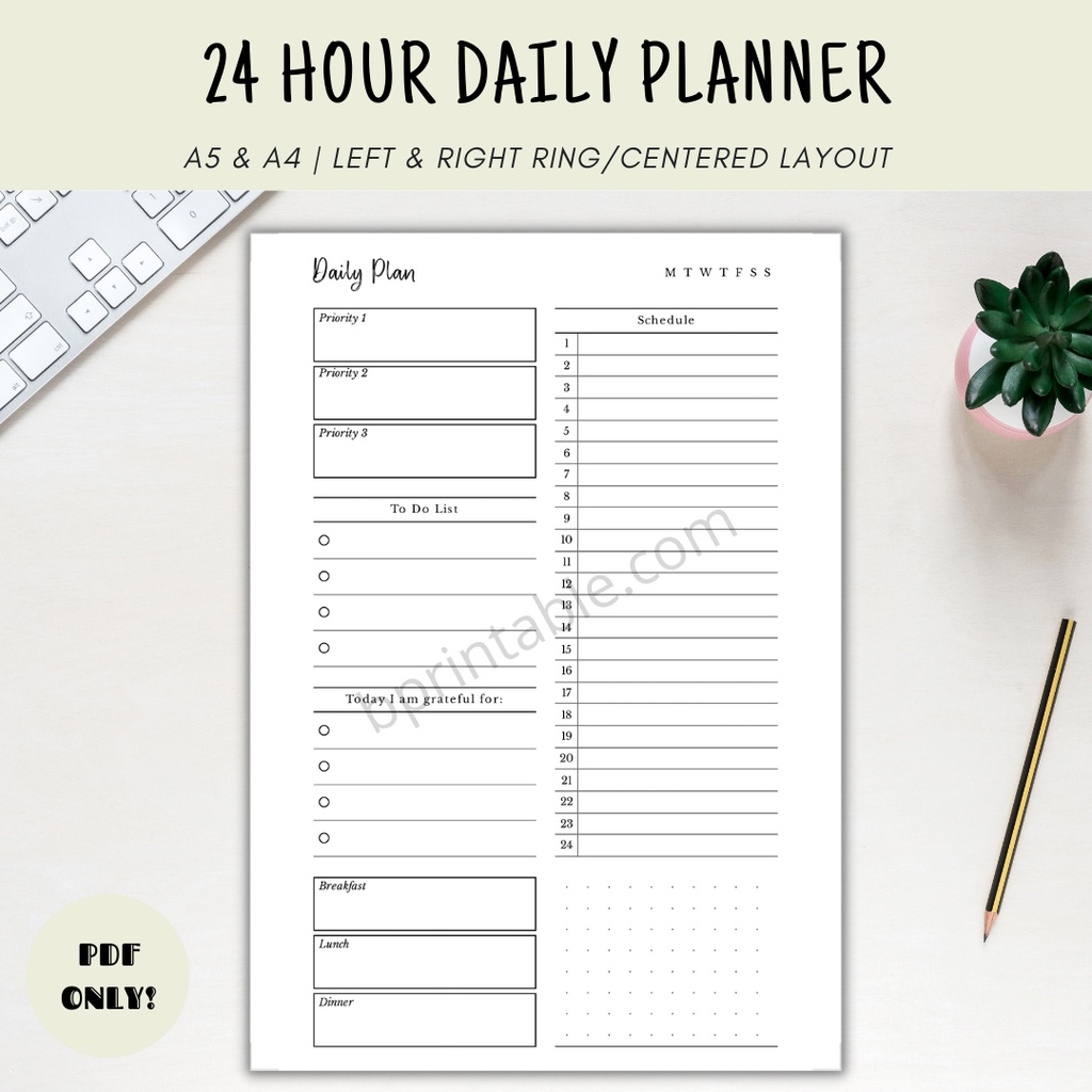 [PDF] 24 hour Daily Planner Template Journal Printable Planner PDF ...