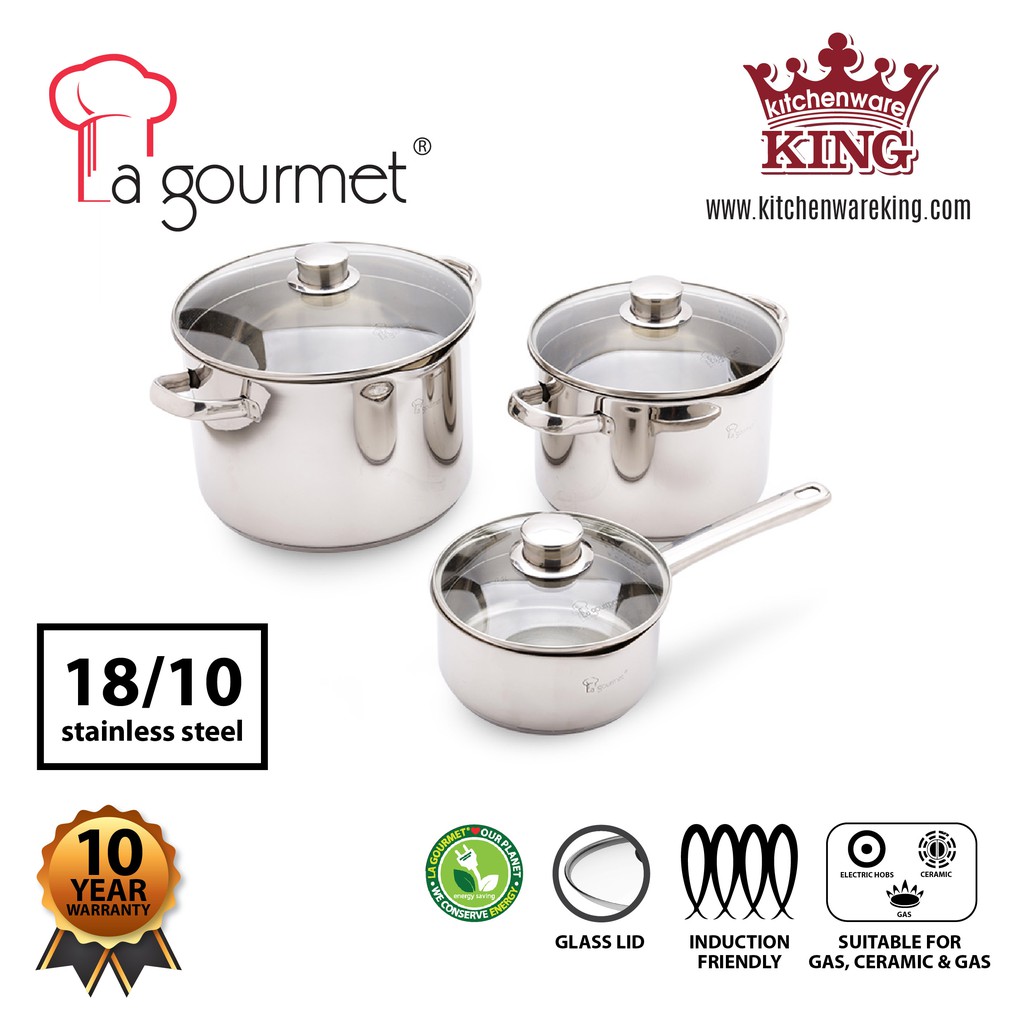 La gourmet Cook & Pour 3pcs Stainless Steel Senior Set: 16cm Saucepan (IH), 20cm Casserole (IH ...