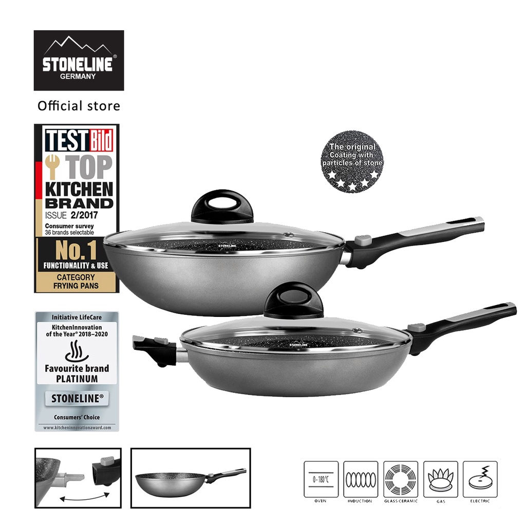 STONELINE® REMO 4pc Cookware set, 26cm – 28cm Wok | Pan, with glass lids, with removable handles ...