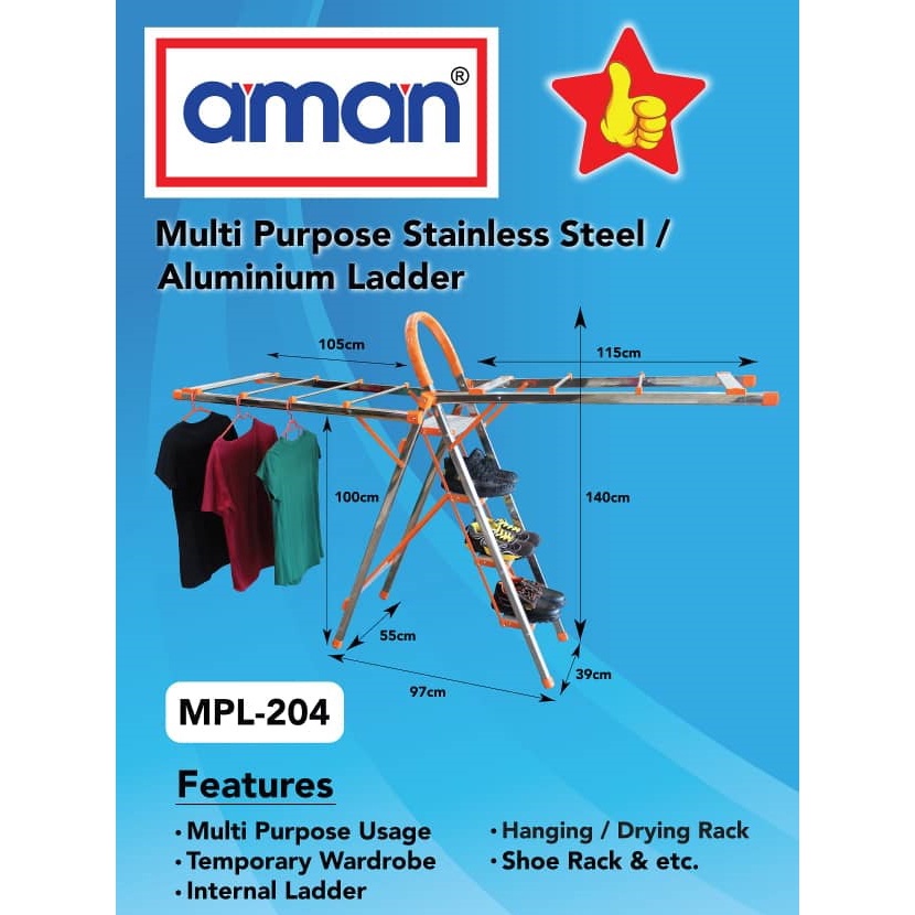 2 in 1 Multi-Usage Stainless Steel Clothes Drying Rack Ladder Tangga ...