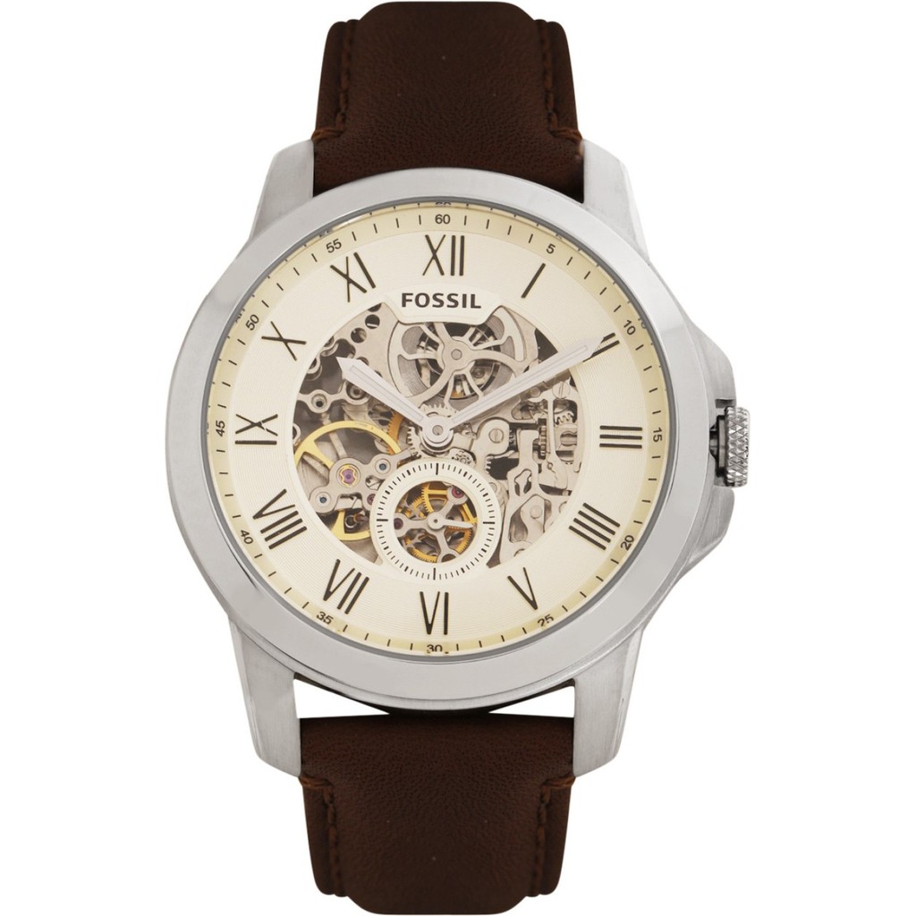 Fossil Men's Grant Automatic Cream Dial Brown Leather Watch ME3052 ...