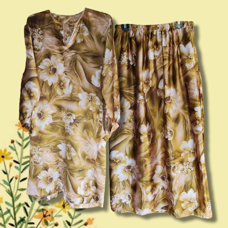 [XXL] Baju Kurung Pesak Biasa Tradisional Satin Brown Putih Floral ...