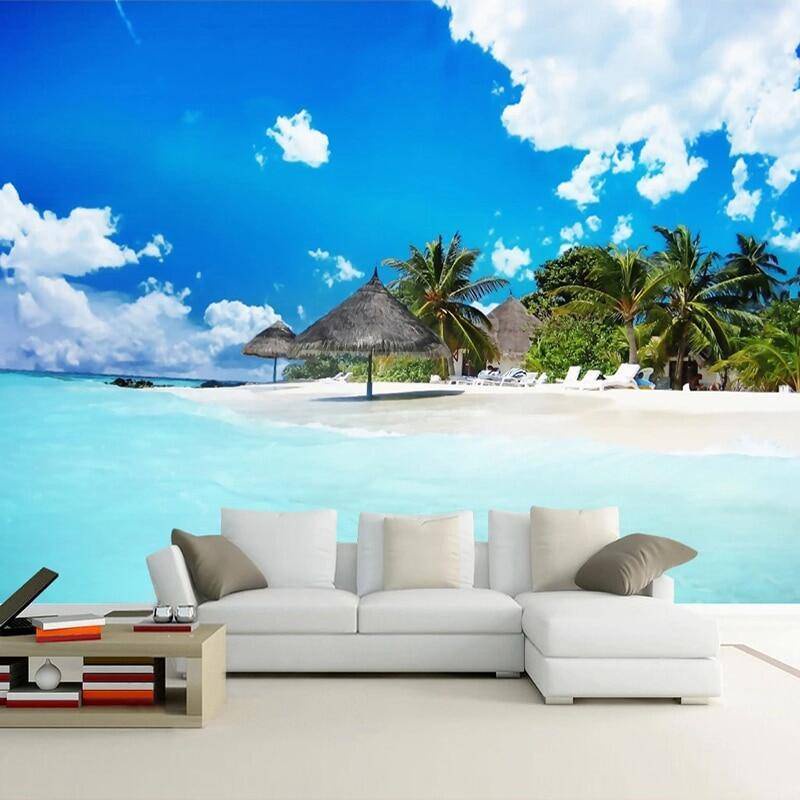 Custom Blue Sky White Clouds Sea Beach Natural 3D Landscape Mural ...
