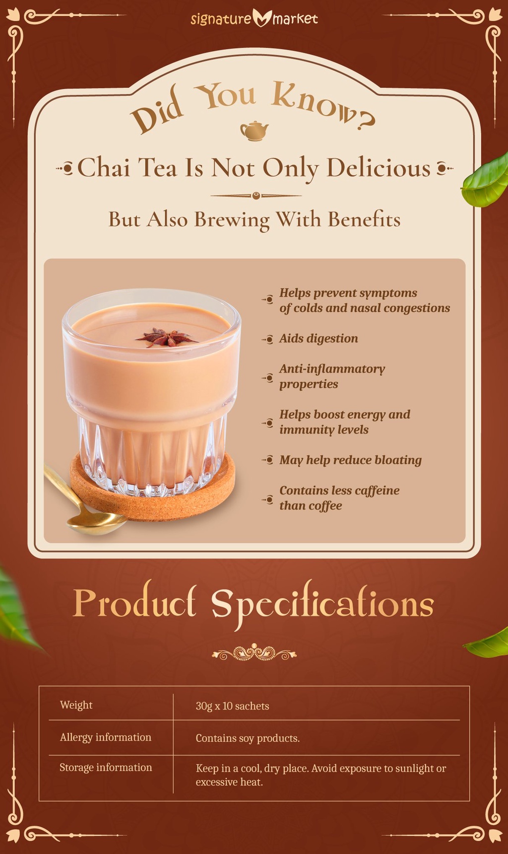 Signature Market Masala Chai Tea Latte with Organic Soy Milk (30g x 10 ...