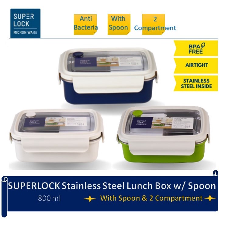 Superlock Stainless Steel Rectangle Lunch Box w/ Spoon & 2 Compartment ...