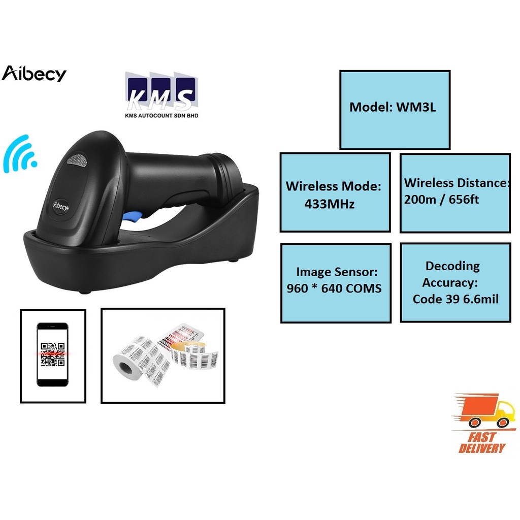 Aibecy WM3L 433MHz Wireless 1D 2D Auto Image Handheld QR code P Barcode ...