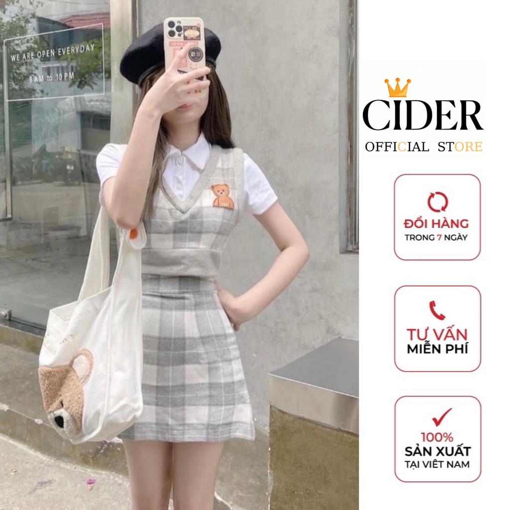 Set 3 Piece Korean Student Gile shirt, polo croptop, plaid skirt ...