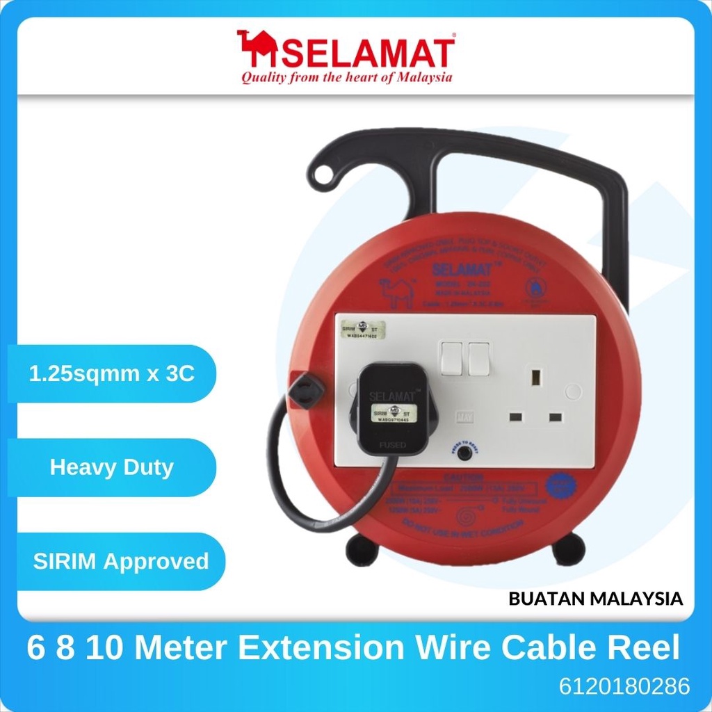 SELAMAT 6 / 8 / 10 Meter Extension Wire Cable Reel With 2 Gang Socket ...