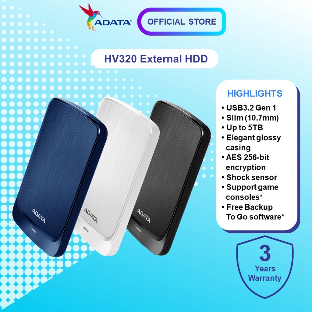 ADATA HV320 USB3.2 EXT HDD SLIM (10.7mm) 1TB/2TB - BLACK/BLUE/WHITE ...