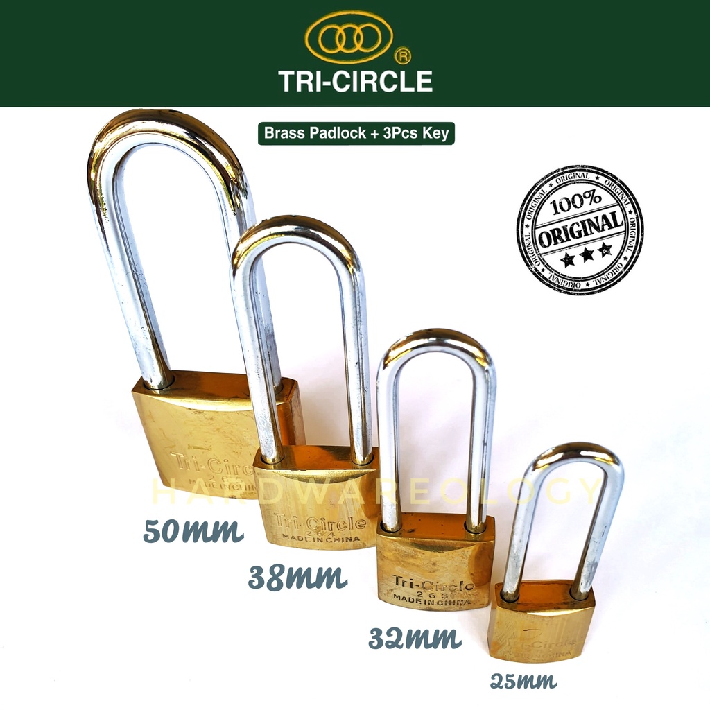 Tri-Circle Long Shackle Brass Pad Lock 25mm 32mm 38mm 50mm Tri Circle ...