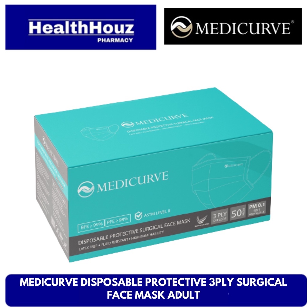 MEDICURVE Disposable Protective 3Ply Surgical Face Mask Adult Blue 50's ...