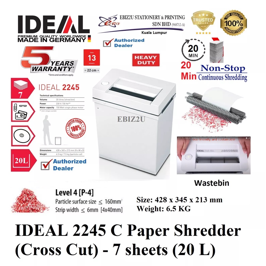 IDEAL 2245 C 3 x 25mm Paper Shredder (Cross Cut) - 7 sheets (20 L) 5 ...