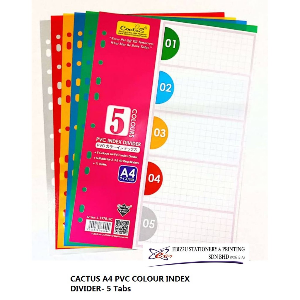 CACTUS A4 PVC COLOUR INDEX DIVIDER - 5 COLOURS PVC INDEX DIVIDER ...