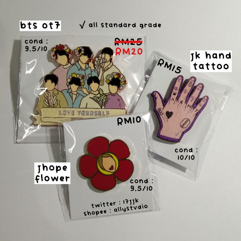 [ allystvdio ] BTS ENAMEL/WOODEN PINS (used/bought from random shop ...