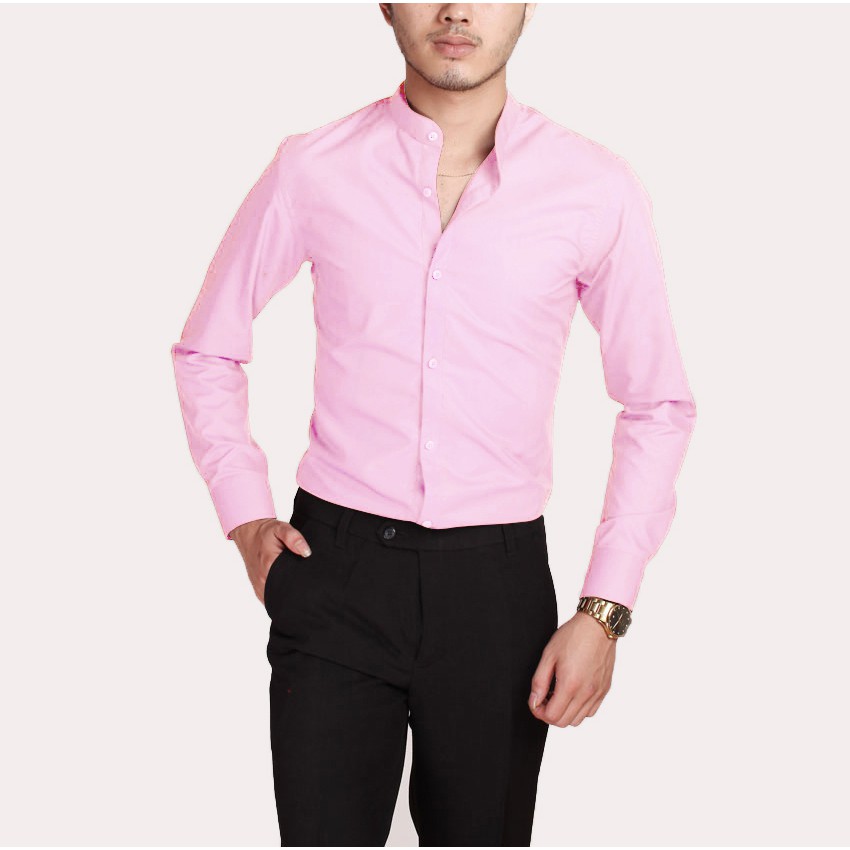 Pink pink collar shirt, soft and cool silk, slim fit form | Shopee Malaysia