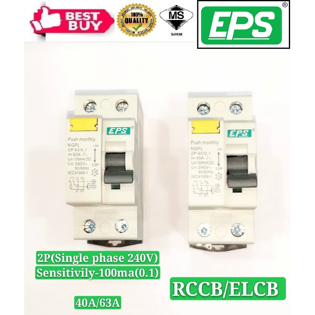 EPS RCCB/ELCB (2 Pole) (240V) (100ma 0.1) (40A/63A) (SIRIM Approved) | Shopee Malaysia