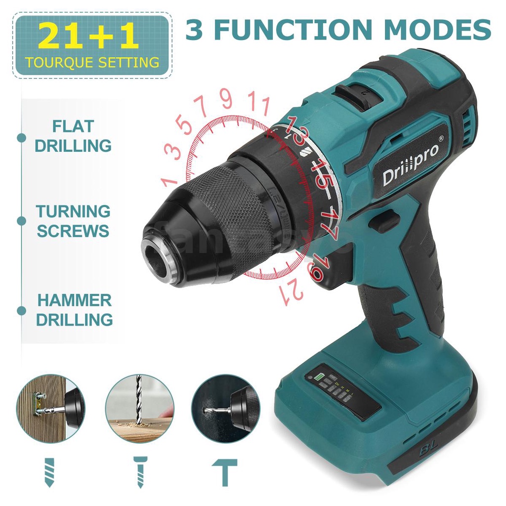 Drillpro 13mm Cordless Brushless Electric Drill Driver Portable Power Screwdriver 21+1 Torque ...