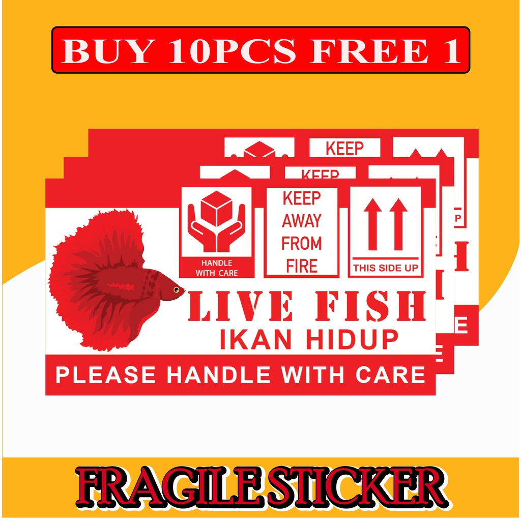 🔥 [BUY 10 + 1 ] 🔥READY STOCK🔥 STICKER FRAGILE IKAN HIDUP 10 PCS / FISH FRAGILE LOGISTICS ...