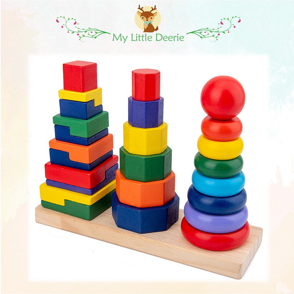 Wooden Rainbow Stacking Ring 3 in 1 Geometric Stacker Shape Tower ...