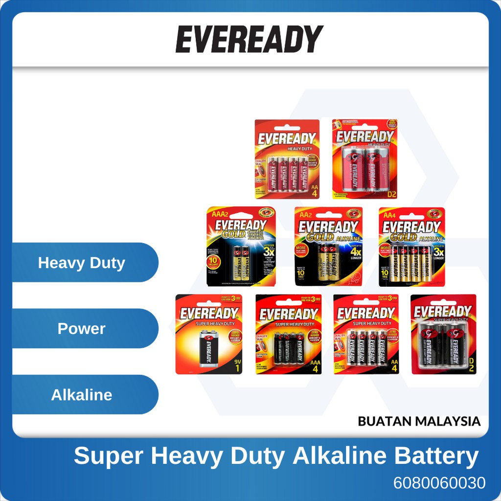 EVEREADY Super Heavy Duty Alkaline Battery Black Gold Red R6 R03 6F22 D ...
