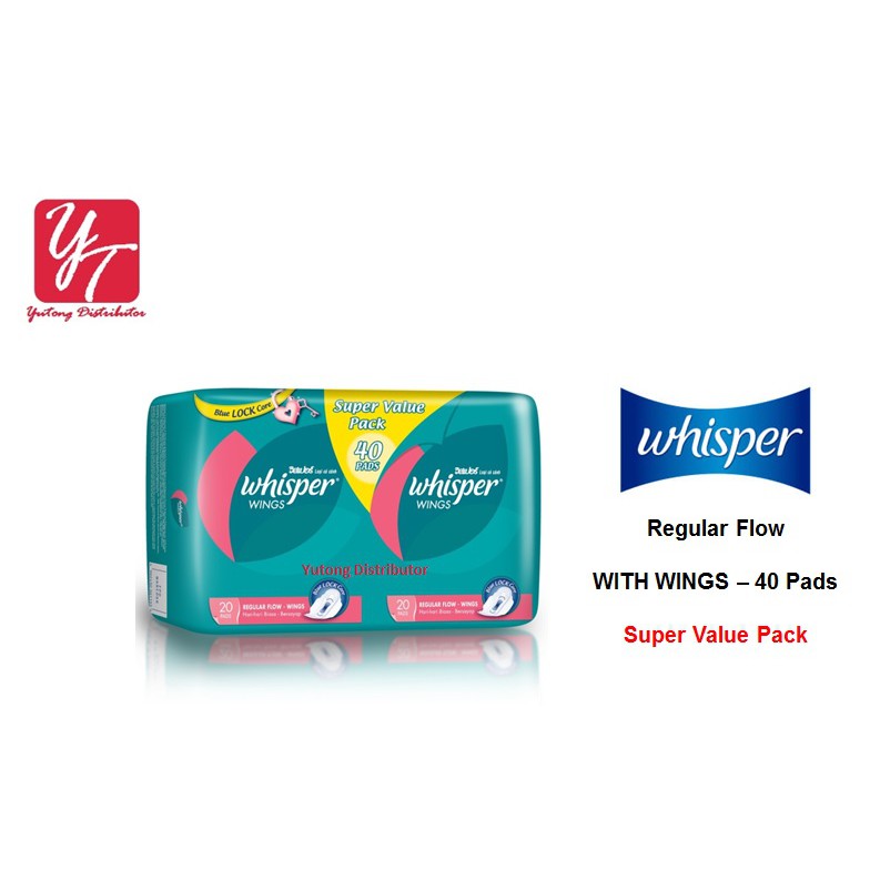 Whisper Regular Flow WITH WINGS - 40 Pads (Super Value Pack) | Shopee ...