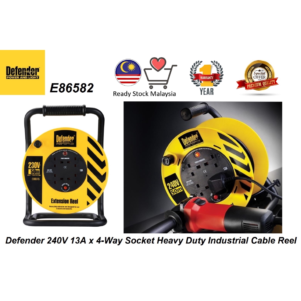 Defender 240V 50m 13A x 4-Way Heavy Duty Industrial Cable Reel | Shopee ...