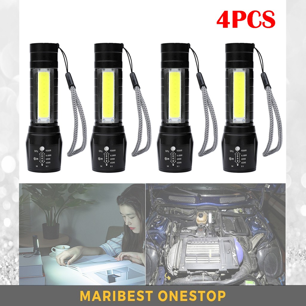 [Set of 4] 3 Mode + Zoom In Out USB Rechargeable High Power Mini LED ...