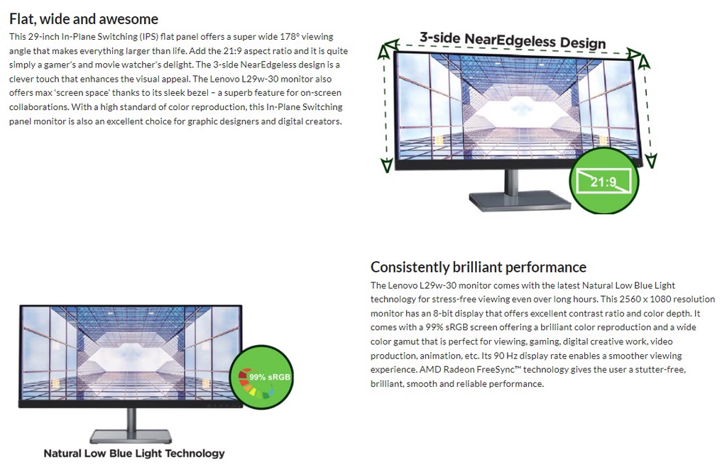 LENOVO 29 Inch L29w-30 QHD IPS 90Hz Ultrawide Monitor with HDR 10 & AMD ...
