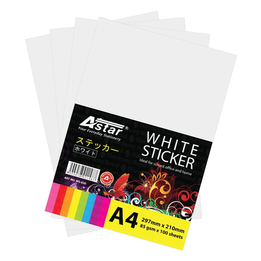 Astar White Sticker - A4 Size / 85GSM / 100 Sheets (WS830) | Shopee ...