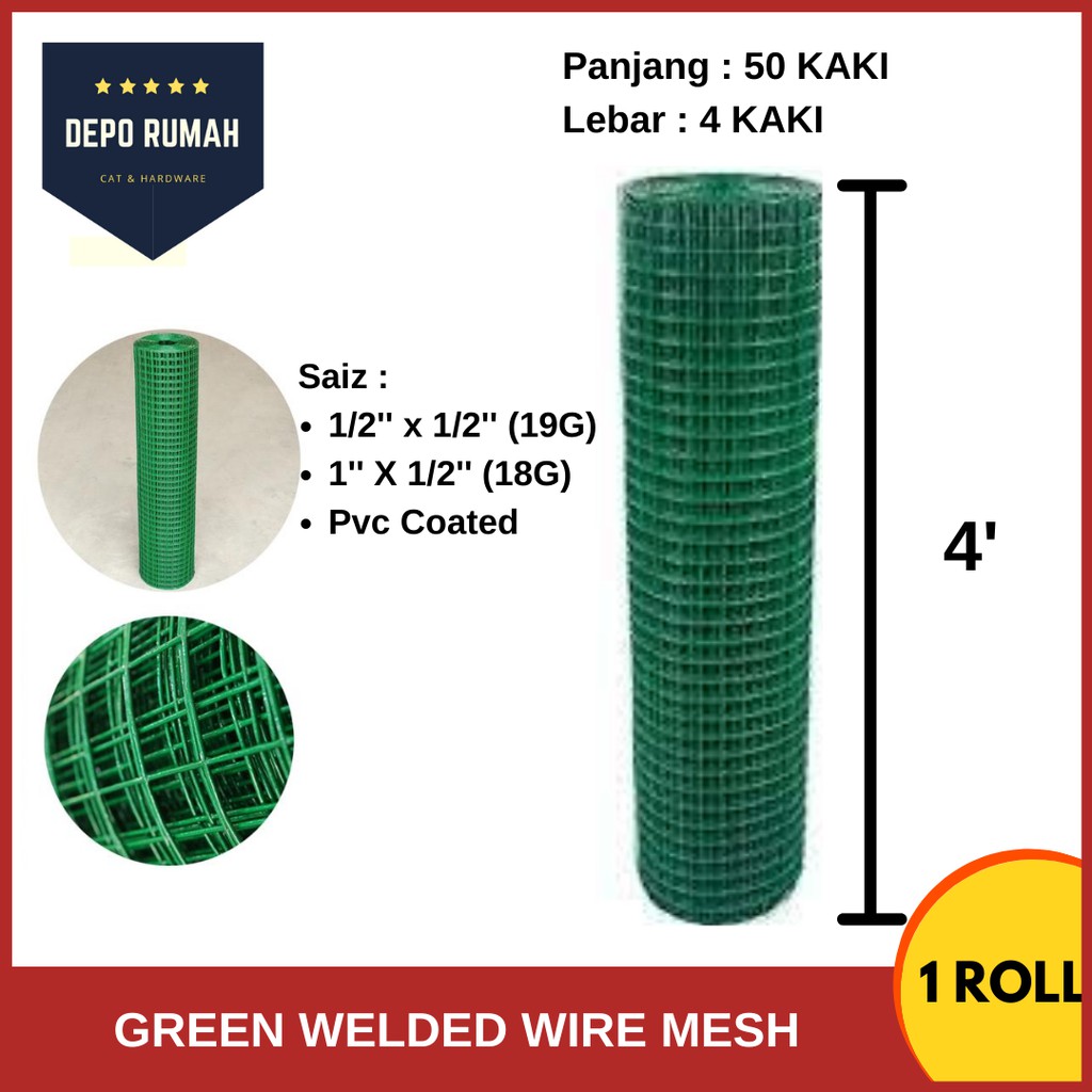 4FT x 45FT/ 50FT JARING HIJAU BESI / Green PVC Coated Galvanized BRC Welded Wire Mesh Net ...
