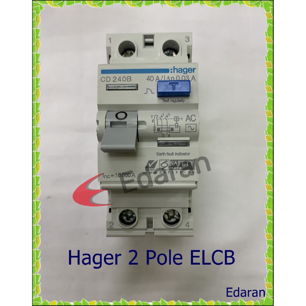 HAGER 2 Pole ELCB / RCCB 40A 30mA or 100mA (SIRIM Approve) | Shopee Malaysia