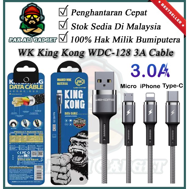 WK KING KONG ENJOY WDC-128 Data Cable i Phone, Micro, Type-C 1 Meter Cable 3A Fast Charge ...