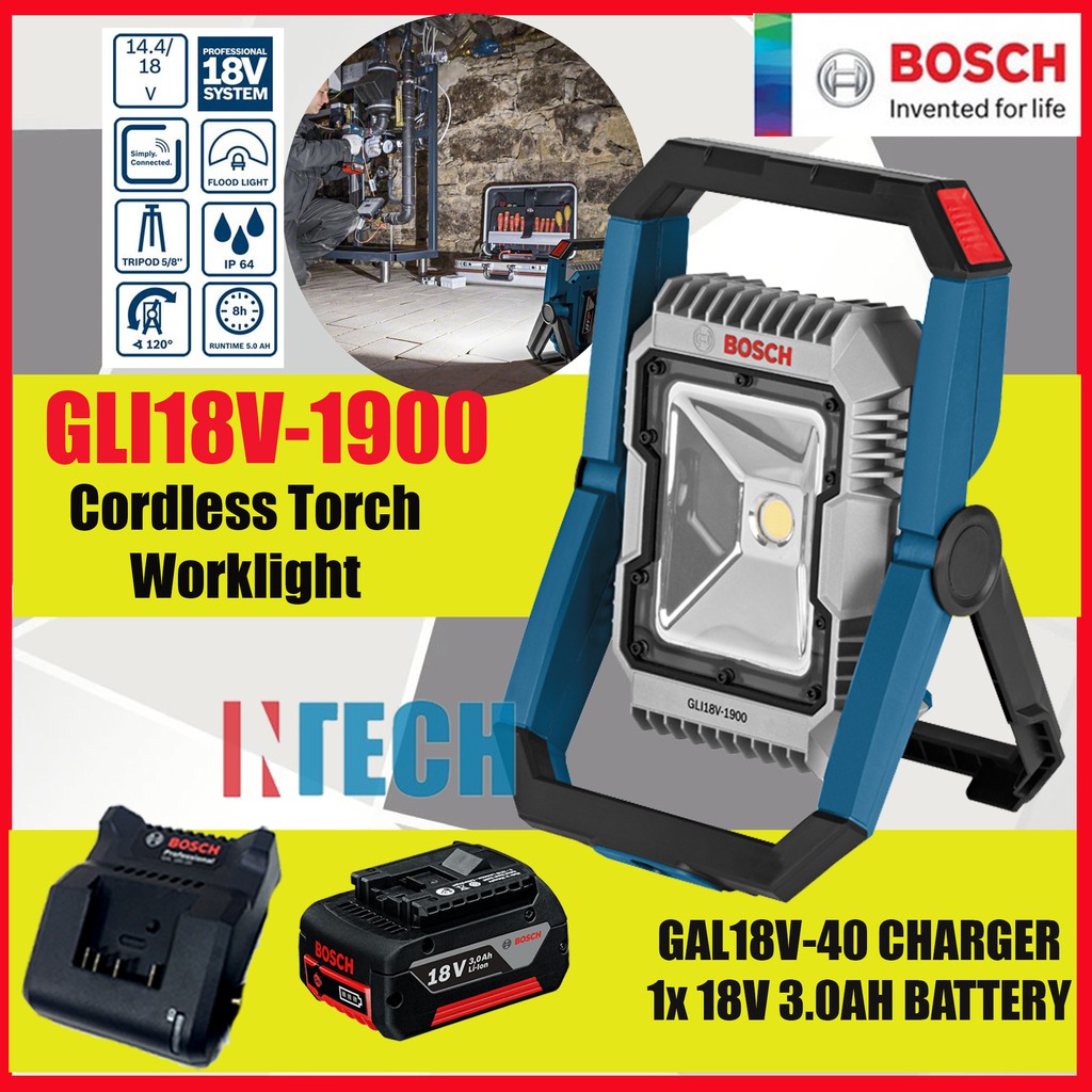 BOSCH GLI18V-1900 CORDLESS TORCH WORKLIGHT C/W 1x 18V 3.0AH BATTERY ...