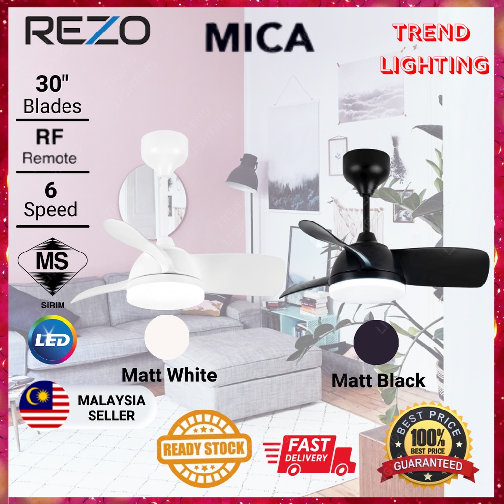 REZO MICA 30" 3 Blades DC Motor Mini Ceiling Fan With 3 Color LED LIGHT 12 Speed Remote Control ...
