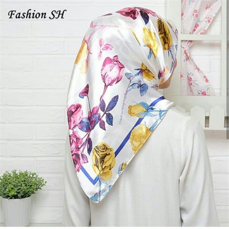 Printed Scarf Bawal Tudung Silk Shawl Floral style Satin hijab 90x90cm ...