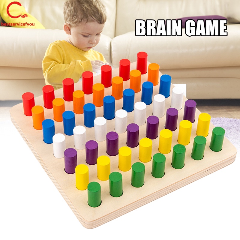 Wooden Peg Sorting and Matching Board 7 Colors Cylinder Blocks Trains ...