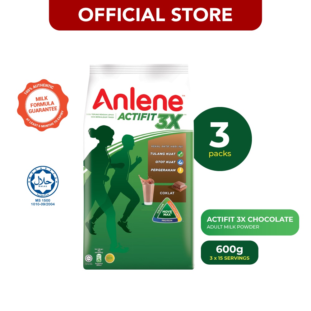 ANLENE Actifit 3X Regular High Calcium Adult Milk Powder Chocolate Susu Tepung 奶粉 (600g x 3 ...