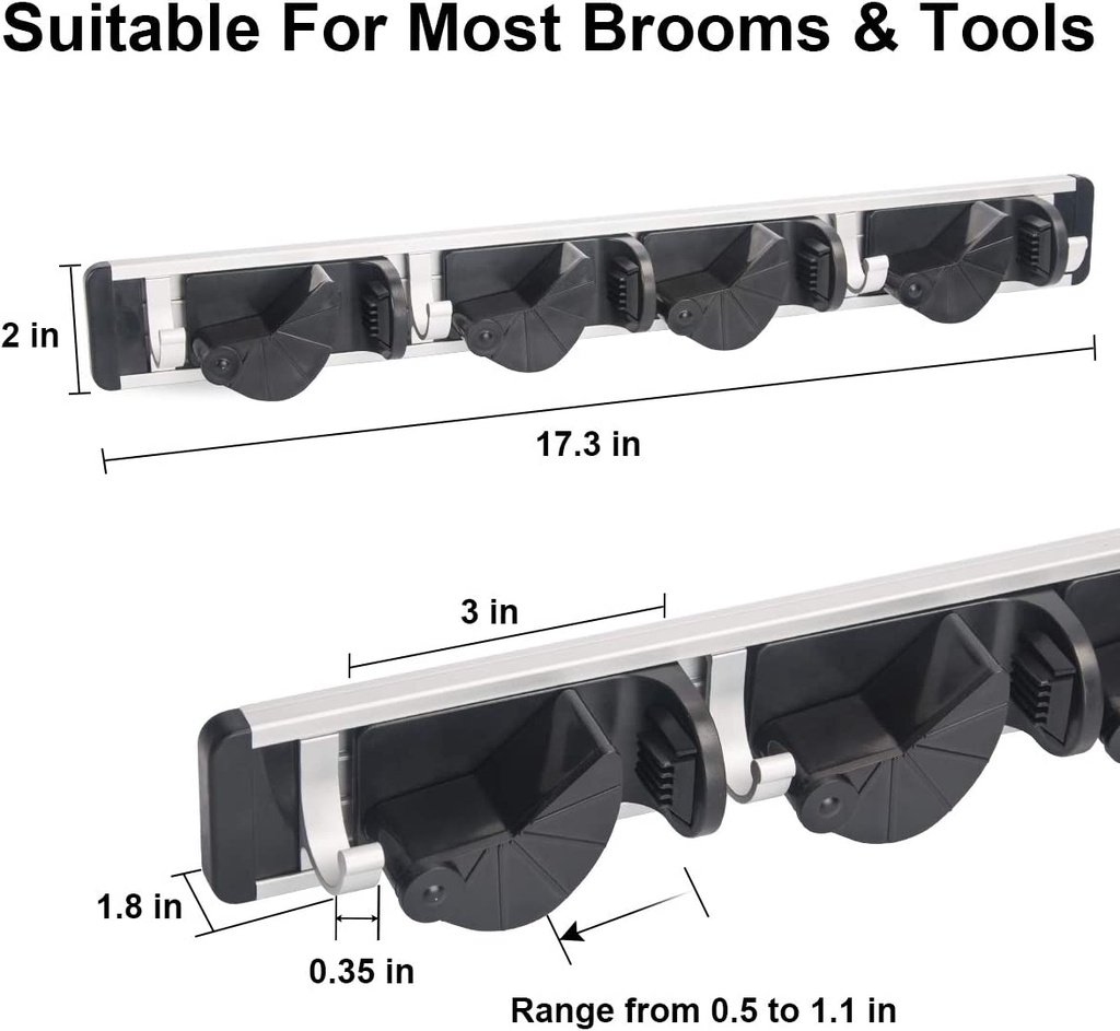 5 Racks and 4 Hooks Mop and Broom Holder Wall Mount, Broom Organizer ...