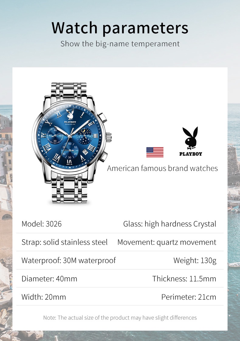 PLAYBOY Men Watch Official Moon Phase Chronograph Original Multi-Dial ...