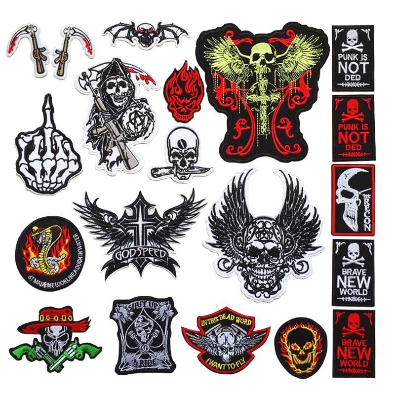 Death Sickle Skull Vertical Middle Finger Wings Series Embroidery Cloth ...