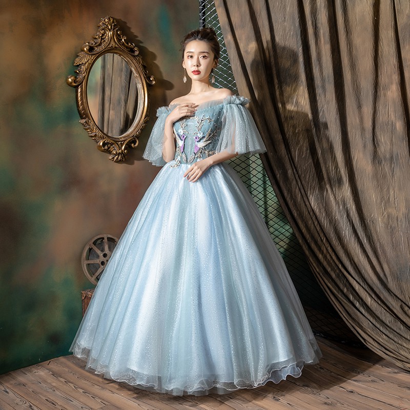 XS~3XL Pastel Blue Off Shoulder Cinderella Fairy Tale Princess Bride ...