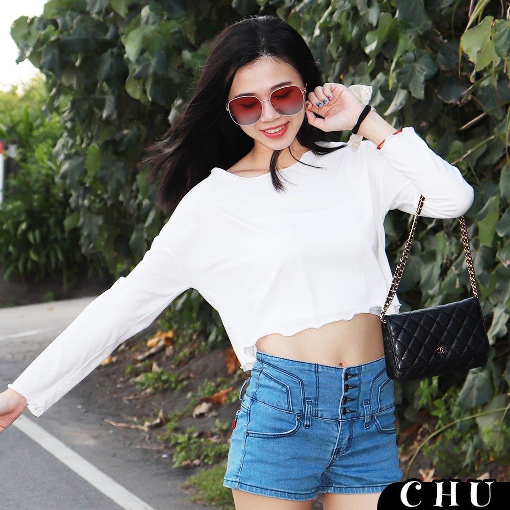 CHU FASHION Plain Piping Long Sleeve Short Top Genuine Korean 2 Colors ...