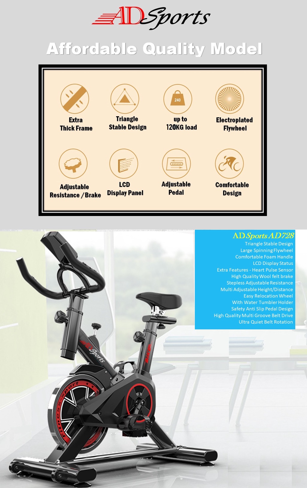 1 YEAR WARRANTY 💥 ADSports AD728 Professional Fitness EXERCISE BIKE ...