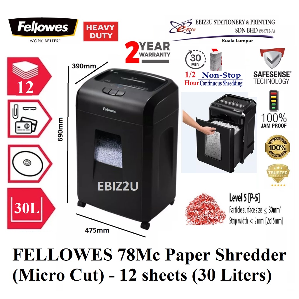 FELLOWES 78Mc Paper Shredder (Micro Cut) 2 x 12mm - 12 sheets (30 Liters) 30 mins Non Stop Paper ...